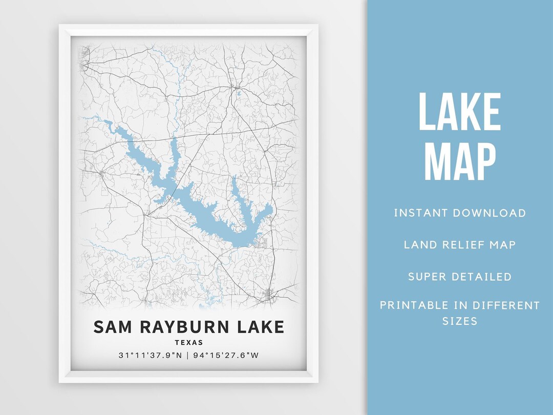 Printable Map of Sam Rayburn Reservoir Texas United States - Etsy