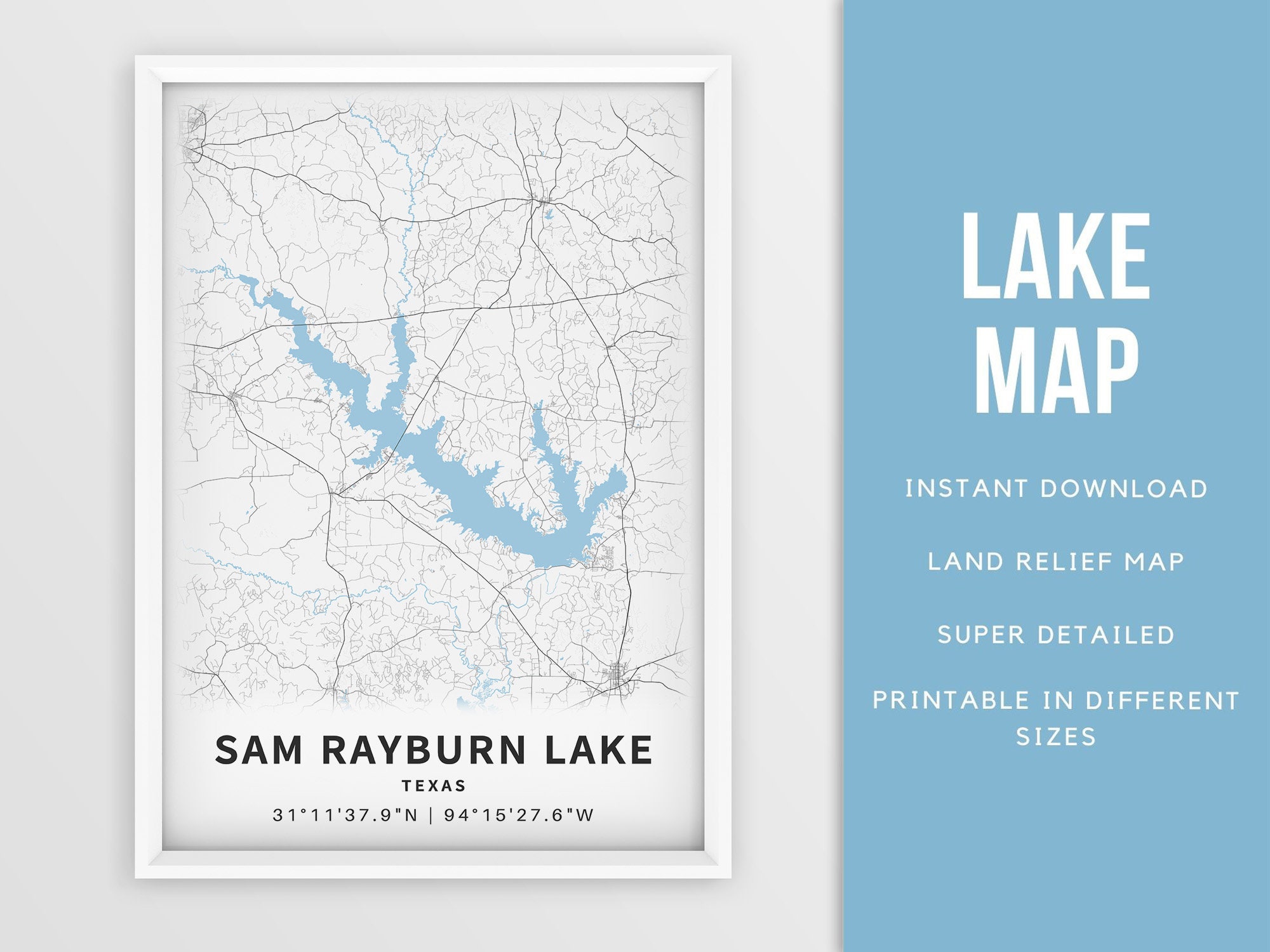 Printable Map of Sam Rayburn Reservoir Texas United States - Etsy