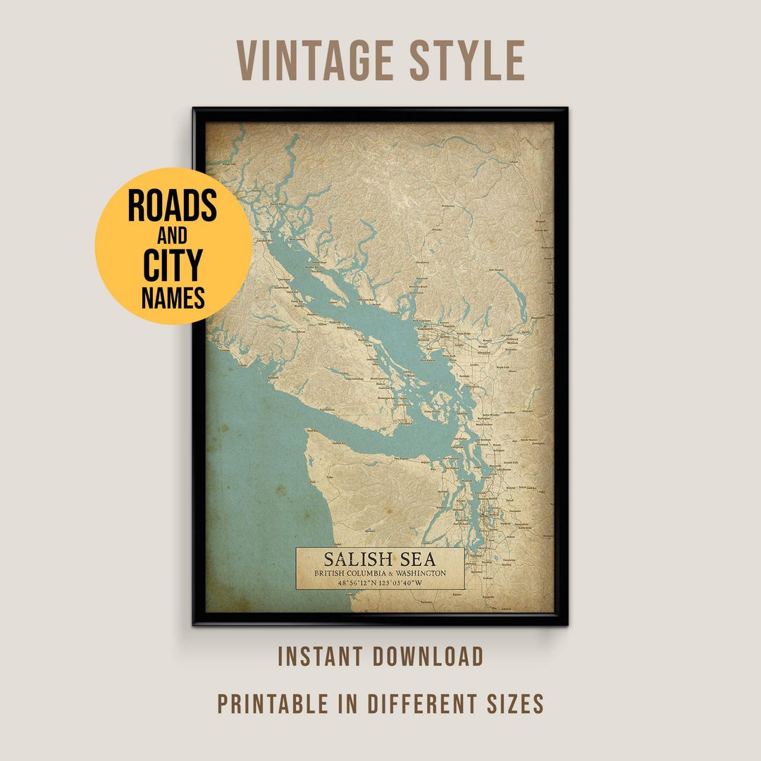 Salish Sea Vintage Style Map, Printable Puget Sound Lake House Poster ...
