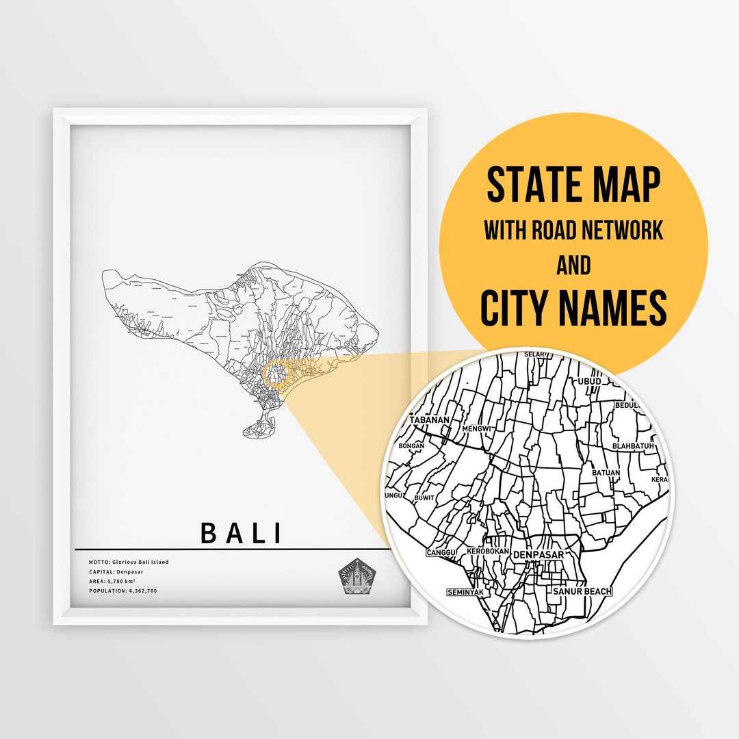 Printable Map of Bali, Indonesia With City Names and Roads - Instant ...