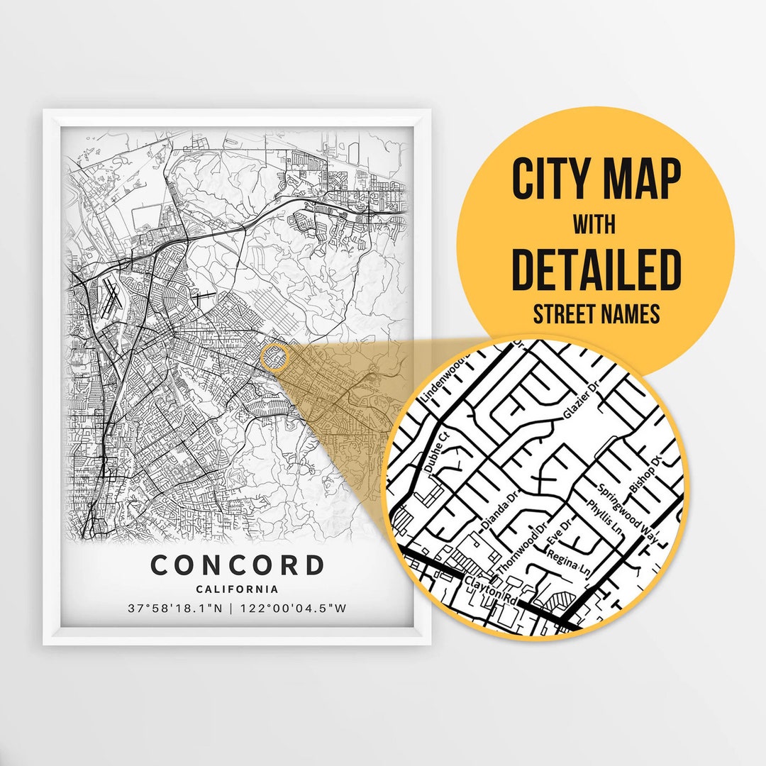 Printable Map of Concord, California, USA With Street Names - Instant ...