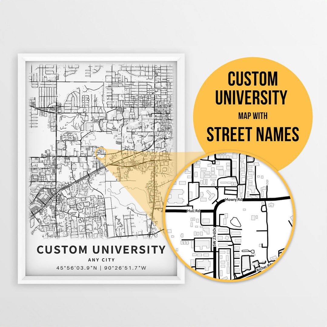 Custom Map of Your University, College or High School With Street Name ...