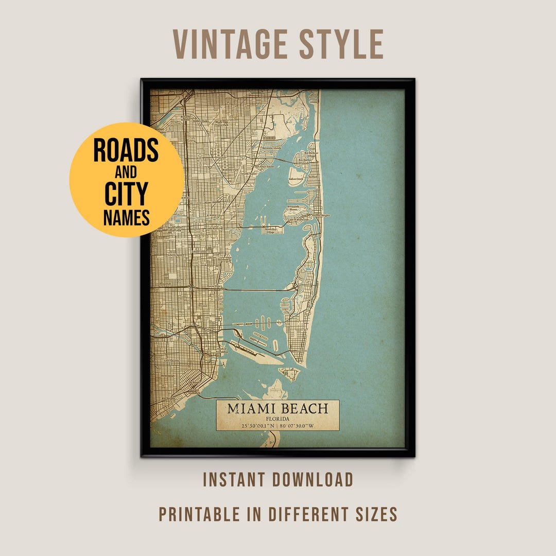 Miami Beach, Florida Vintage Style Map, Printable Ocean Drive Poster ...