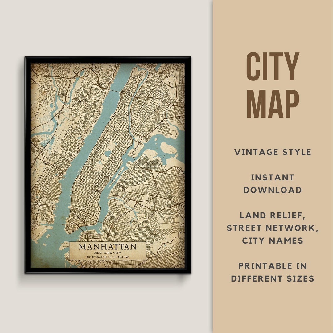 Printable Vintage Style Map of Manhattan, New York City, USA - Instant ...