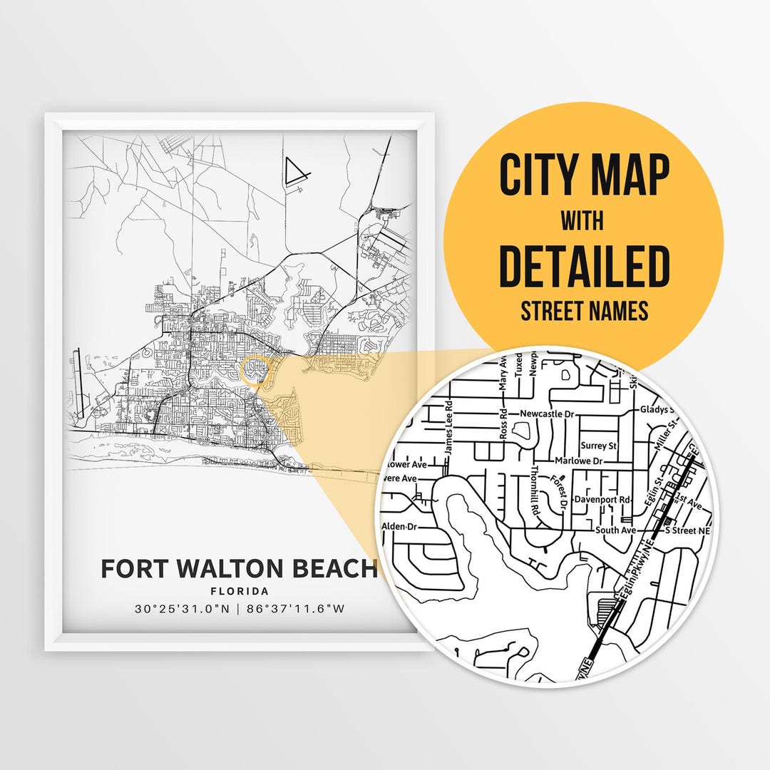Printable Map of Fort Walton Beach, Florida With Street Names - Instant ...