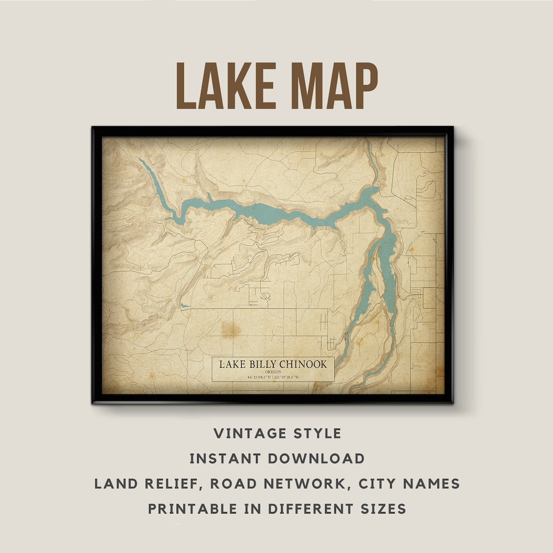 Printable Vintage Style Map of Lake Billy Chinook, Oregon, United ...