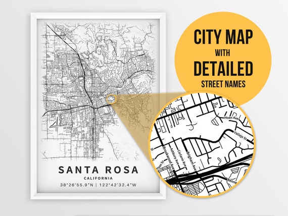 Printable Map of Santa Rosa California CA United States With | Etsy