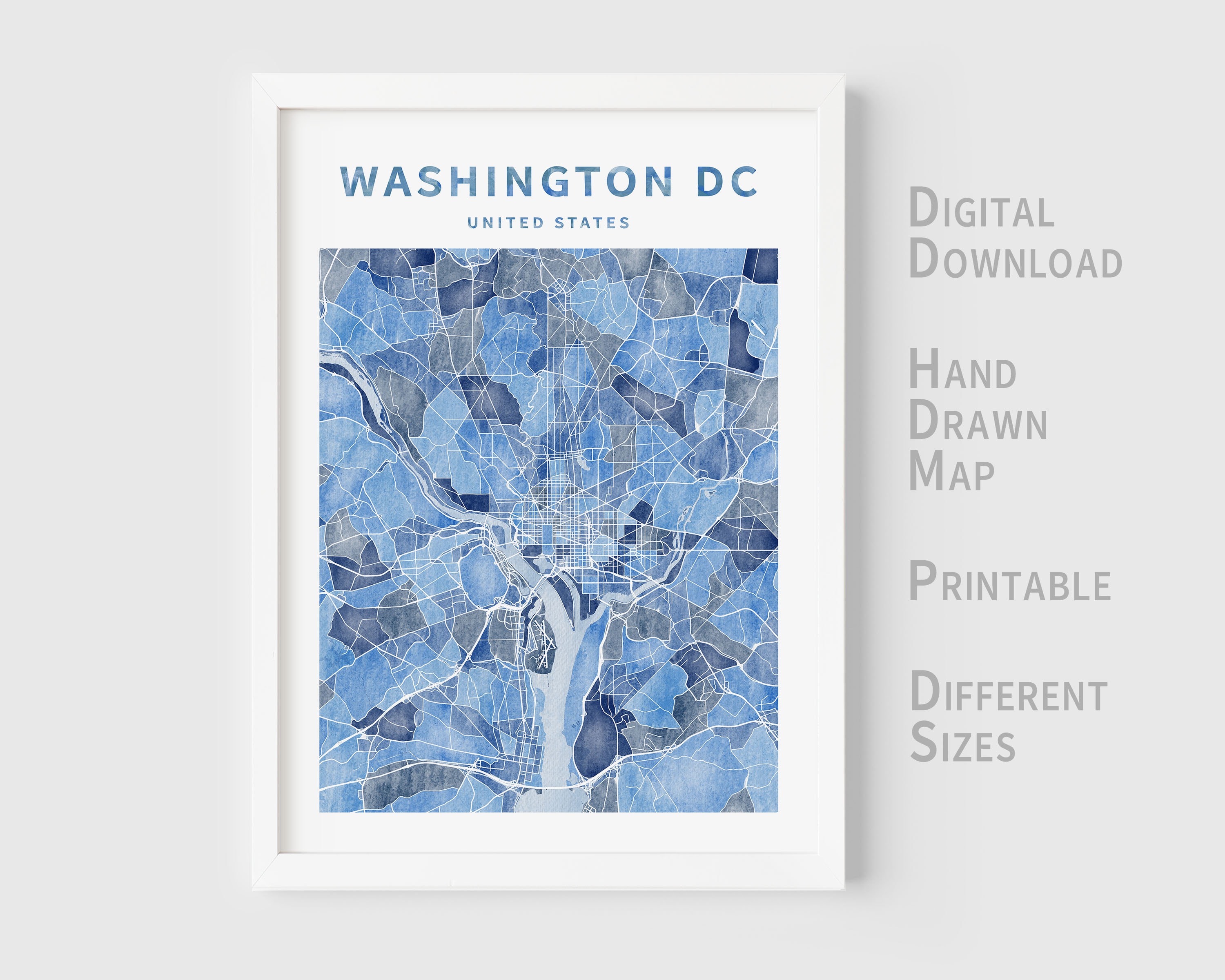 Printable Watercolor Map of Washington DC United States - Etsy