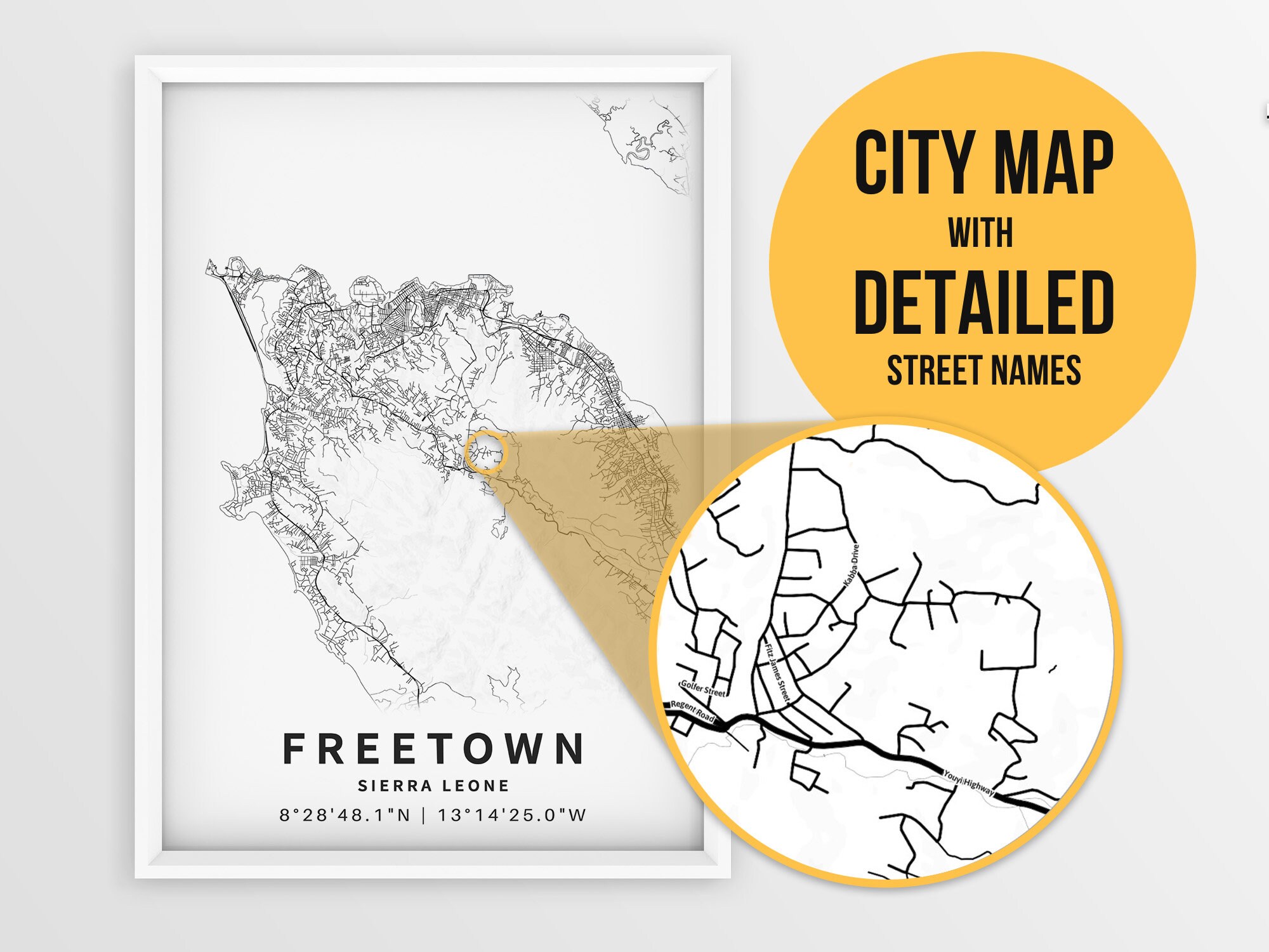Printable Map of Freetown Sierra Leone With Street Names | Etsy