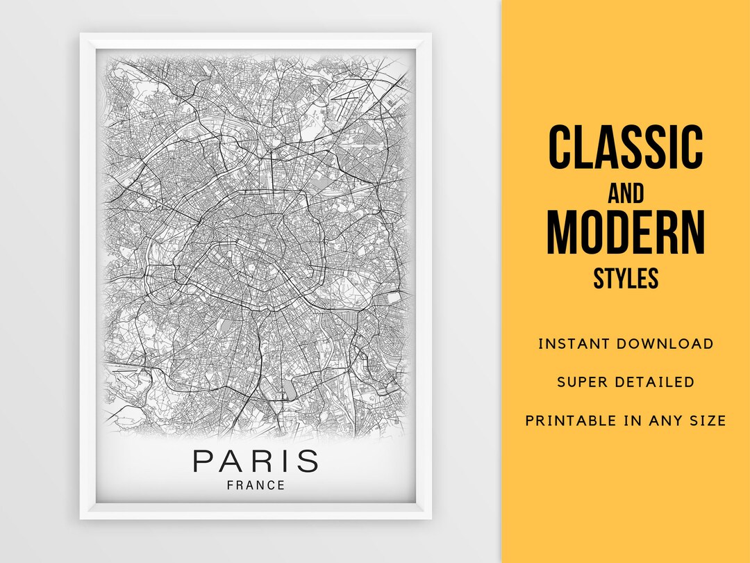 Printable Map of Paris, France - Instant Download \ City Map \ Wall Art ...