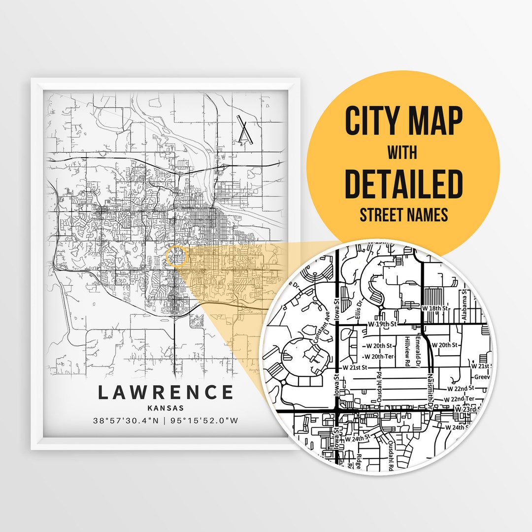 Printable Map of Lawrence, Kansas, USA With Street Names - Instant ...