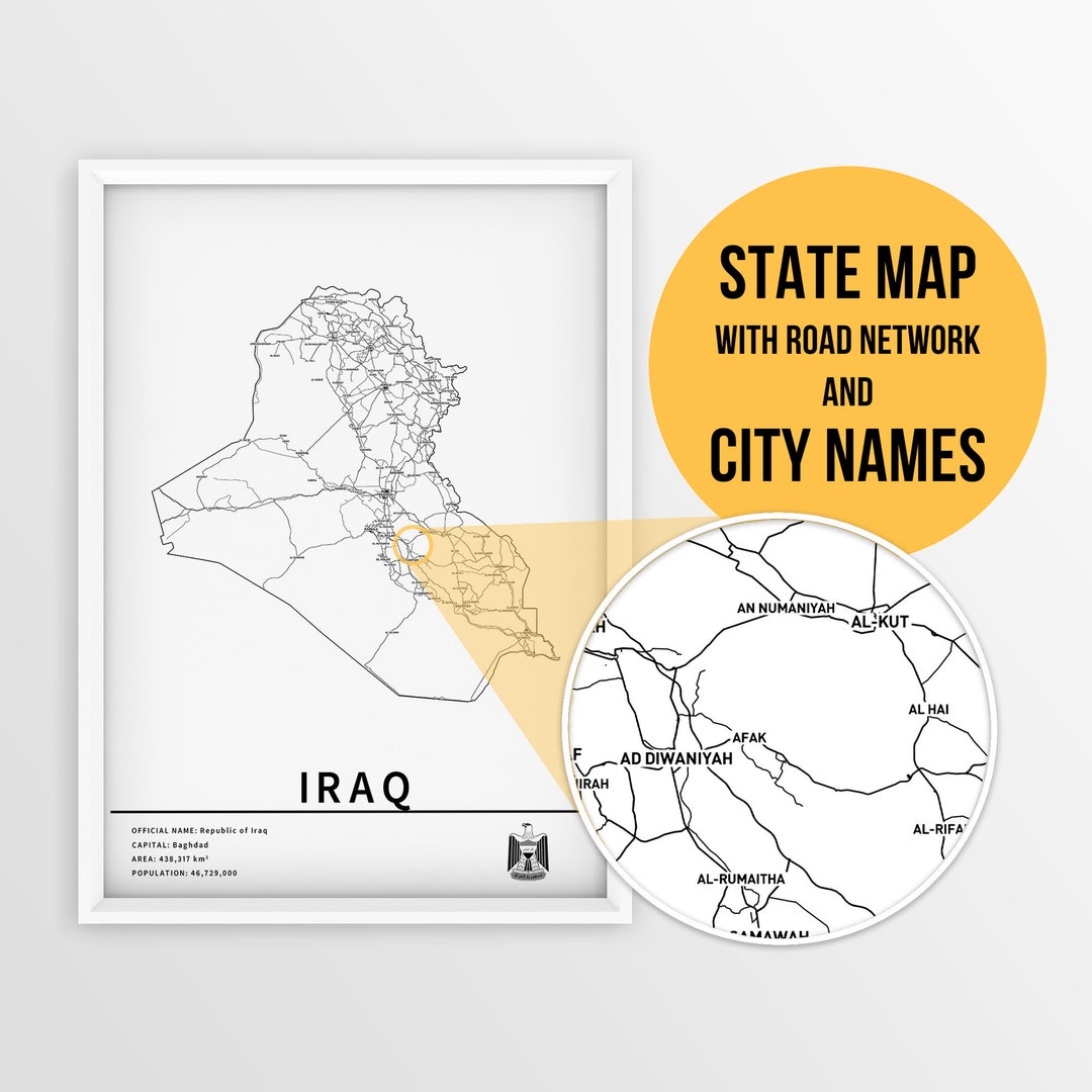 Printable Map of Iraq With City Names and Roads - Instant Download ...