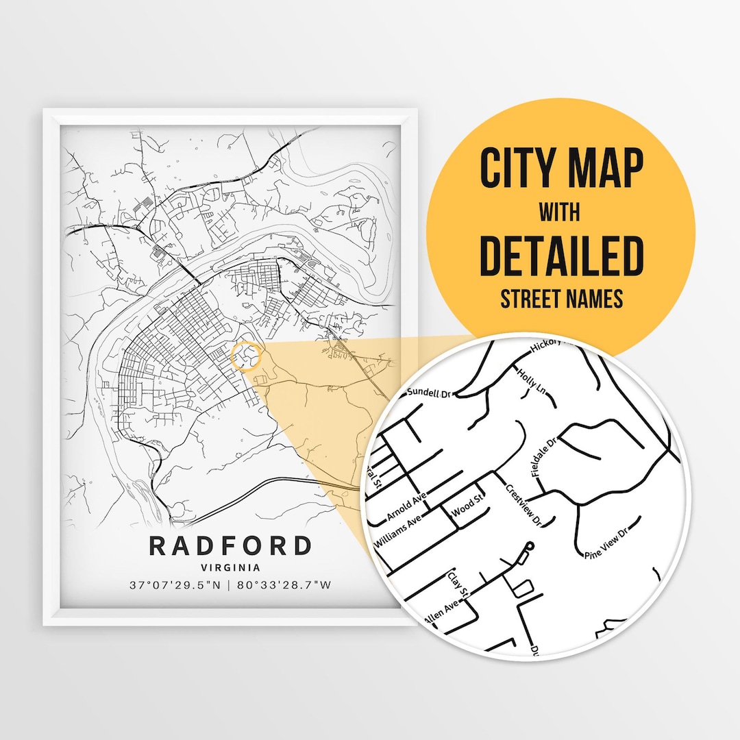 Printable Map of Radford, Virginia, USA With Street Names - Instant ...