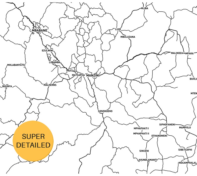 Printable Map of Eswatini With City Names and Roads - Instant Download ...