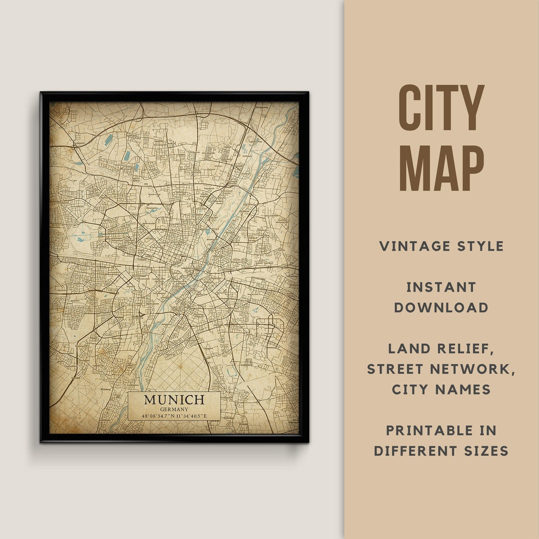 Printable Vintage Style Map of Munich, Bavaria, Germany - Instant ...