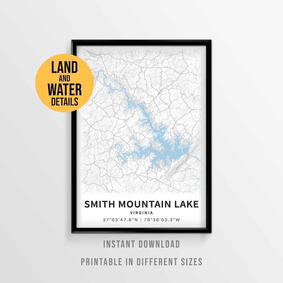 Smith Mountain Lake Map Poster, Printable Roanoke River Virginia Lake ...