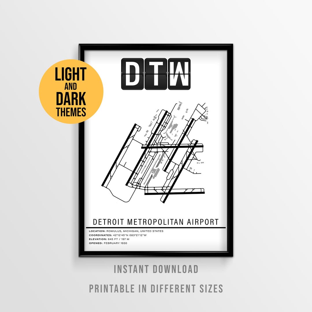 Detroit Metropolitan Wayne County Airport Poster, DTW Runway Map ...
