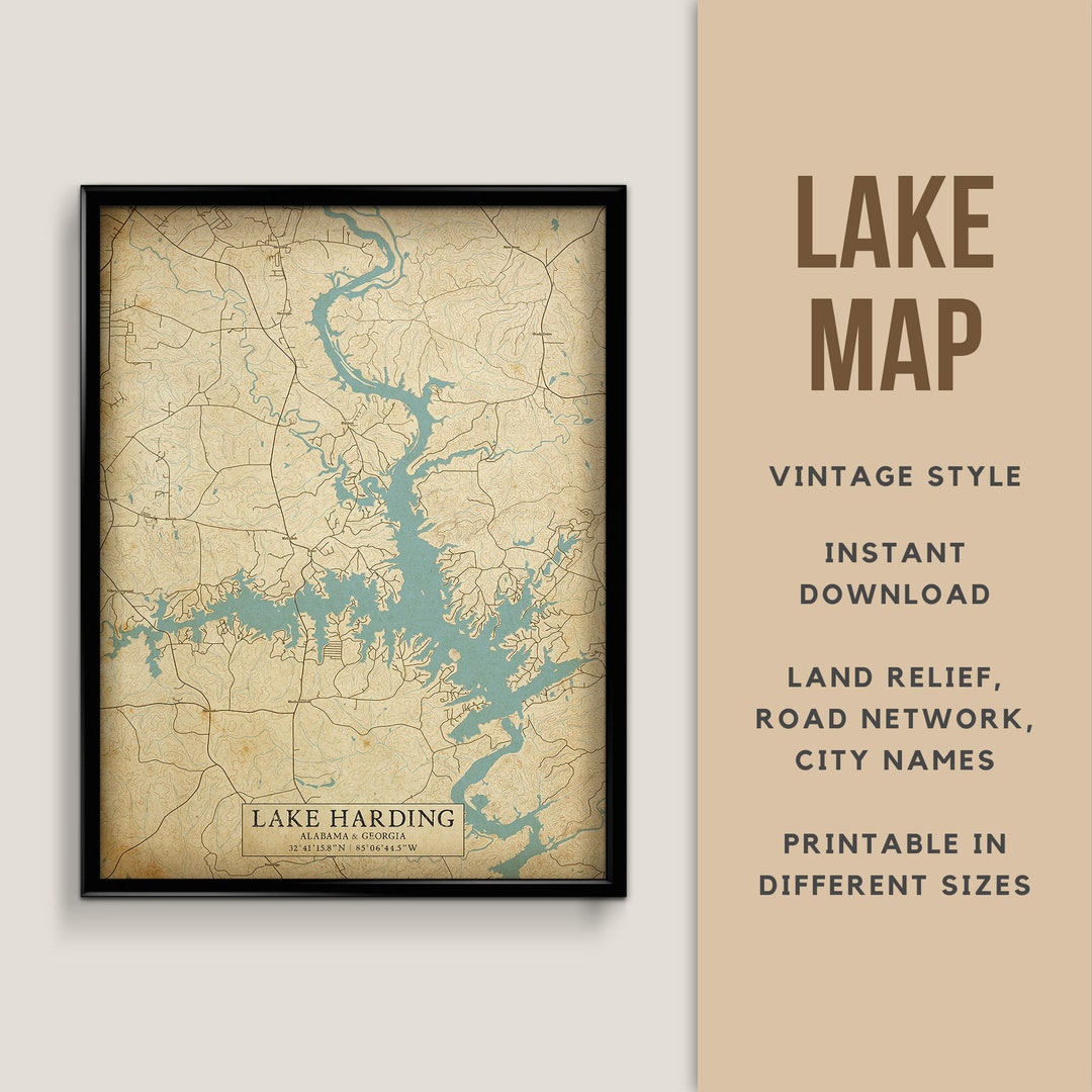Vintage Style Map of Lake Harding, Georgia - Alabama, USA With City ...