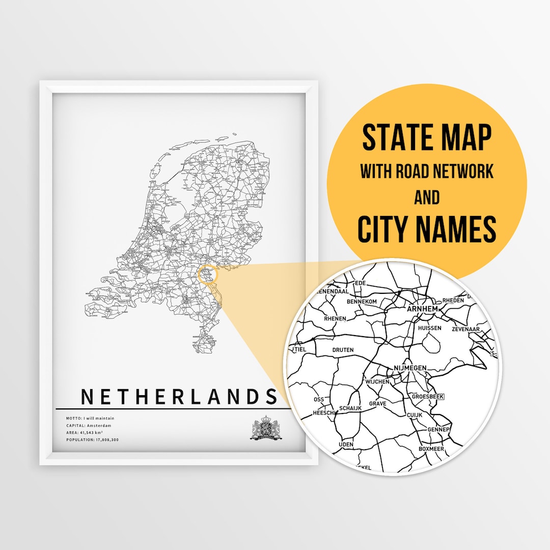 Printable Map of Netherlands With City Names and Roads Instant Download ...