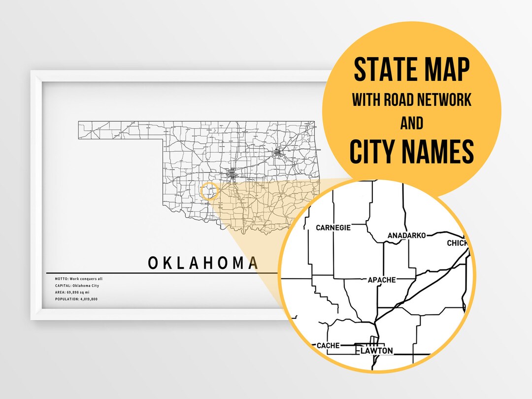 Printable Map of Oklahoma With City Names Instant Download State Road ...