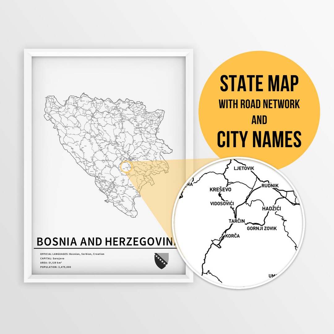 Printable Map of Bosnia and Herzegovina With City Naves and Roads ...