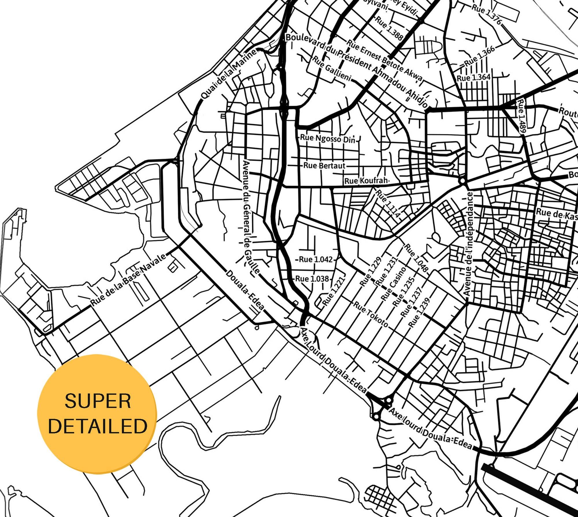 Douala Cameroon Map With Street Names, Printable Douala City Poster ...