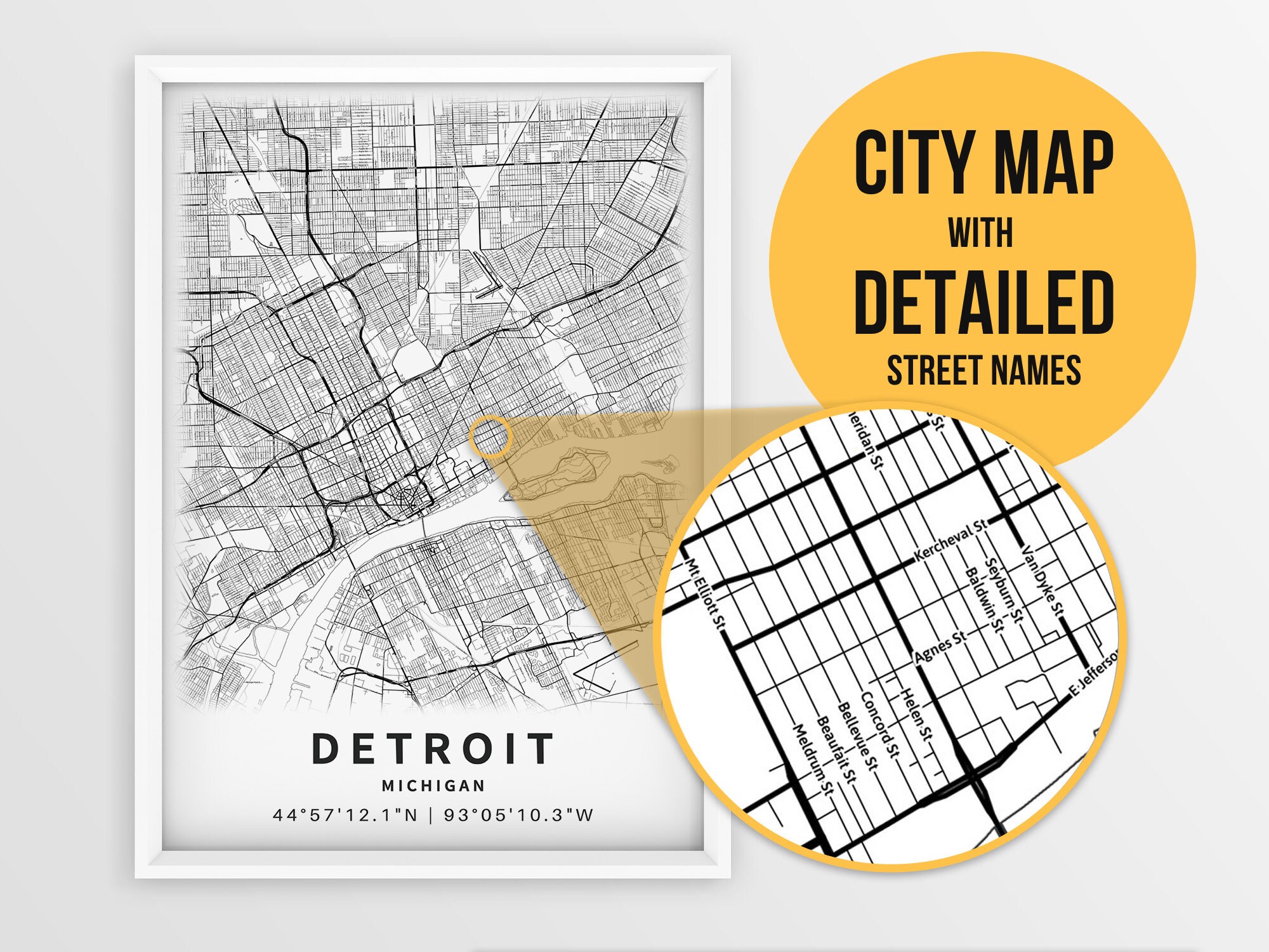 Detroit MI Map Print with Street Names Michigan USA City | Etsy