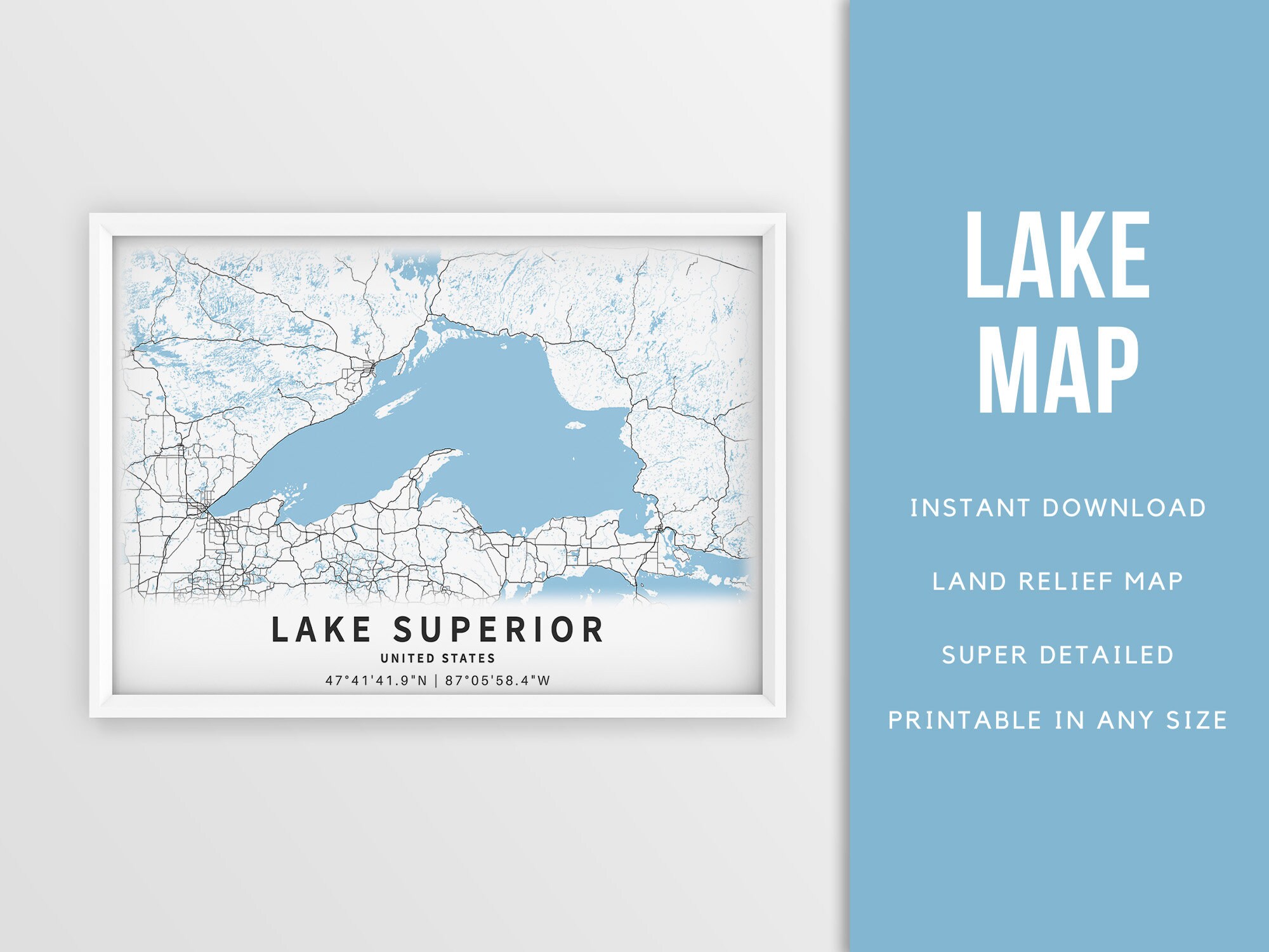 Printable Map Lake Superior Great Lakes United States | Etsy