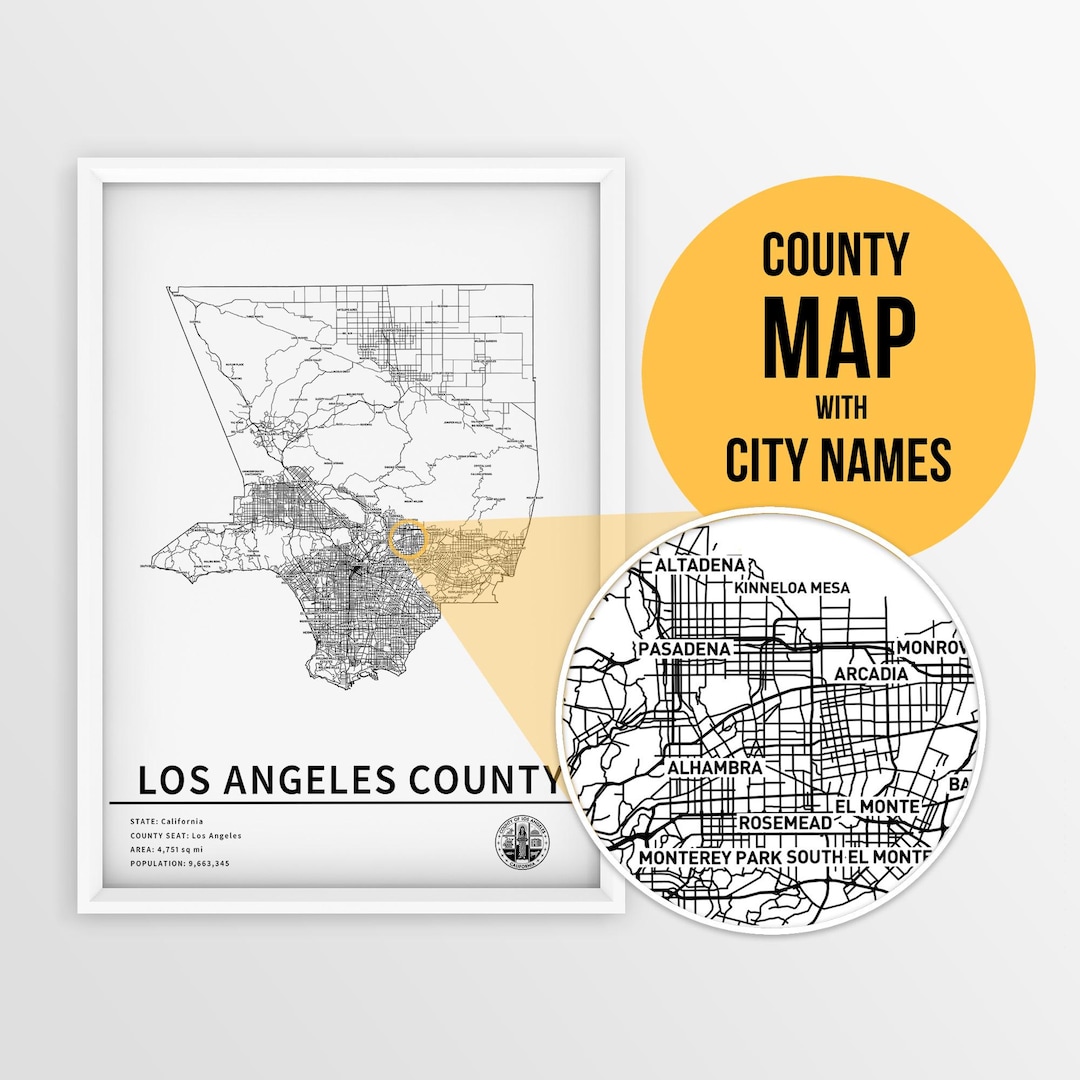 Printable Map of Los Angeles County, California With City Names and ...