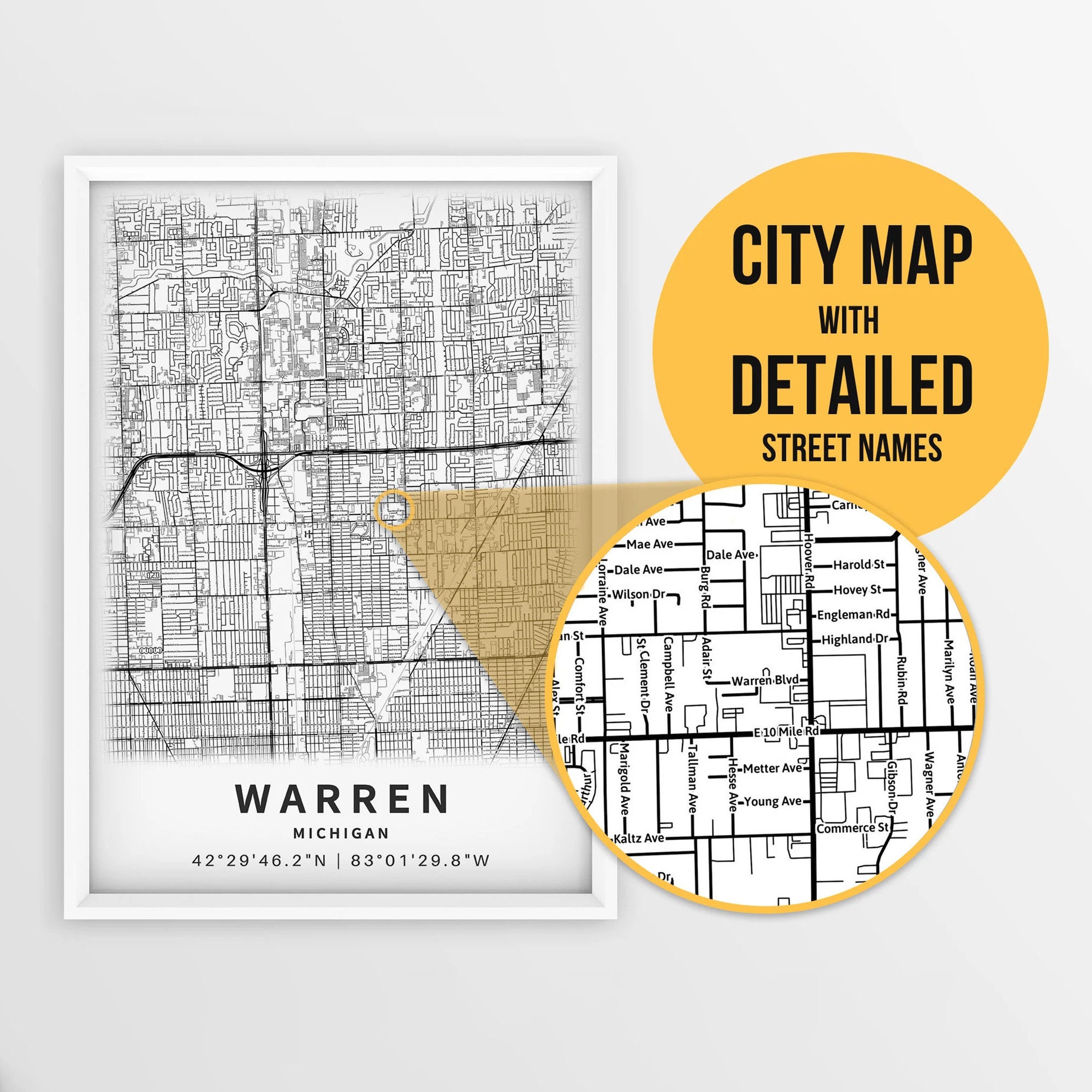 Printable Map of Warren, Michigan, USA With Street Names - Instant ...