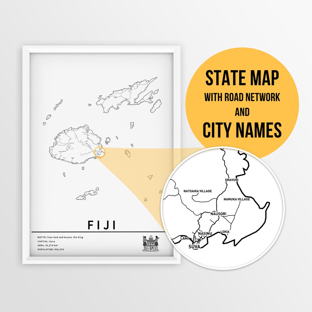 Printable Map of Fiji With City Names and Roads - Instant Download ...