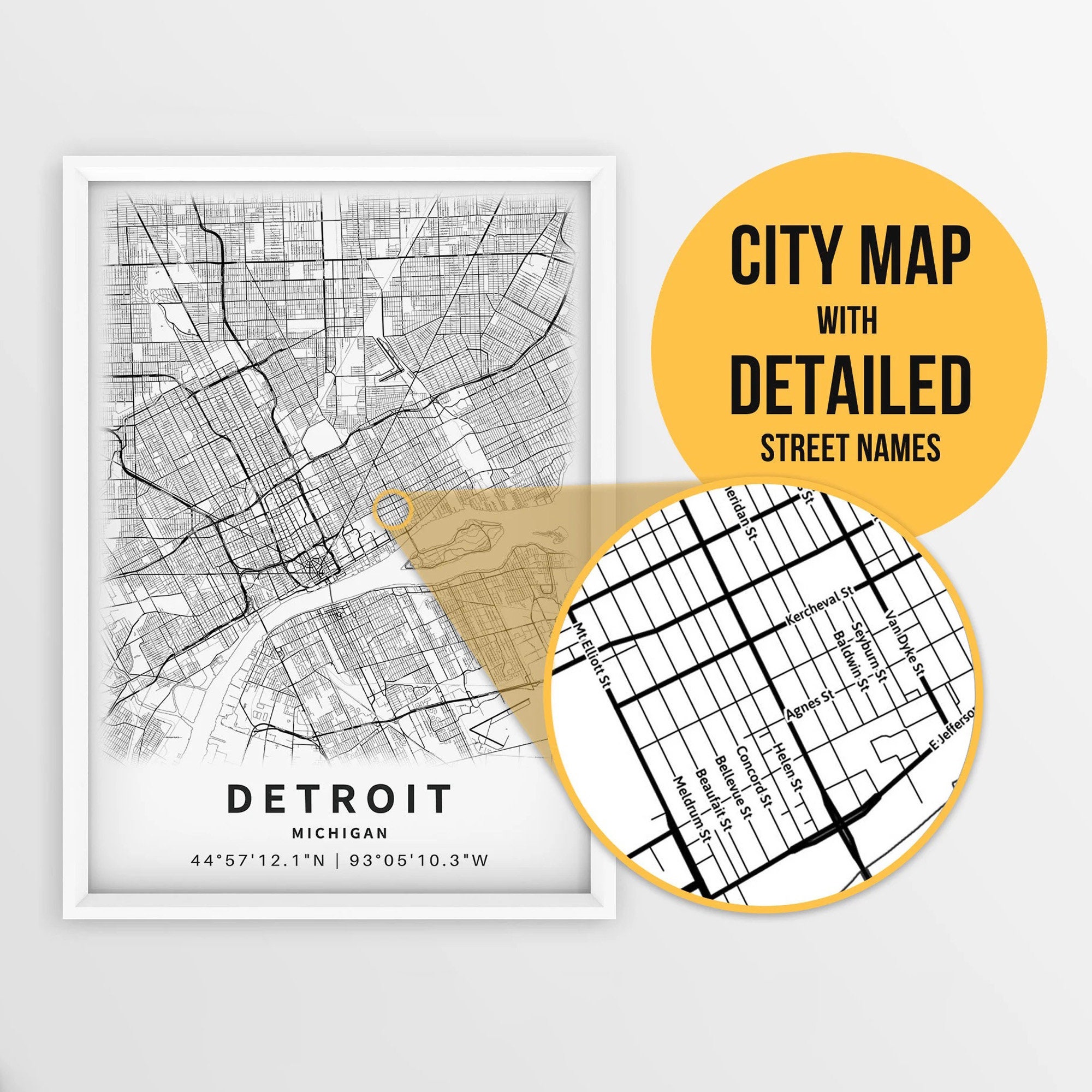 Street Map of Detroit - Etsy