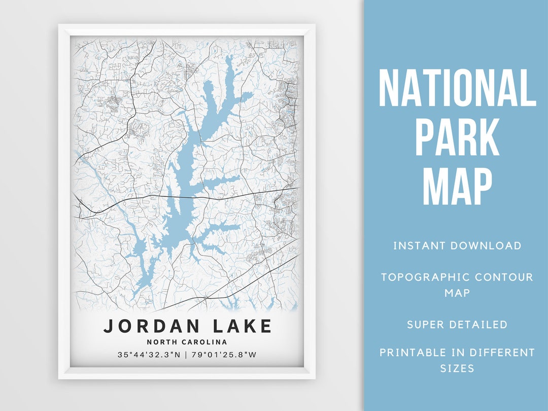 Printable Map Of Jordan Lake North Carolina United States Etsy