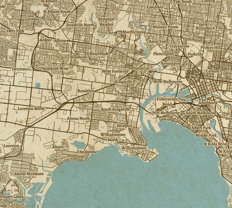 Melbourne, Victoria Vintage Style Map, Printable Melbourne City Poster ...