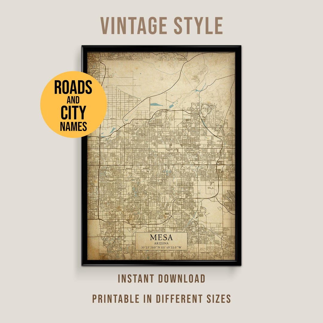 Mesa, Arizona Vintage Style Map, Printable Mesa City Poster (instant ...