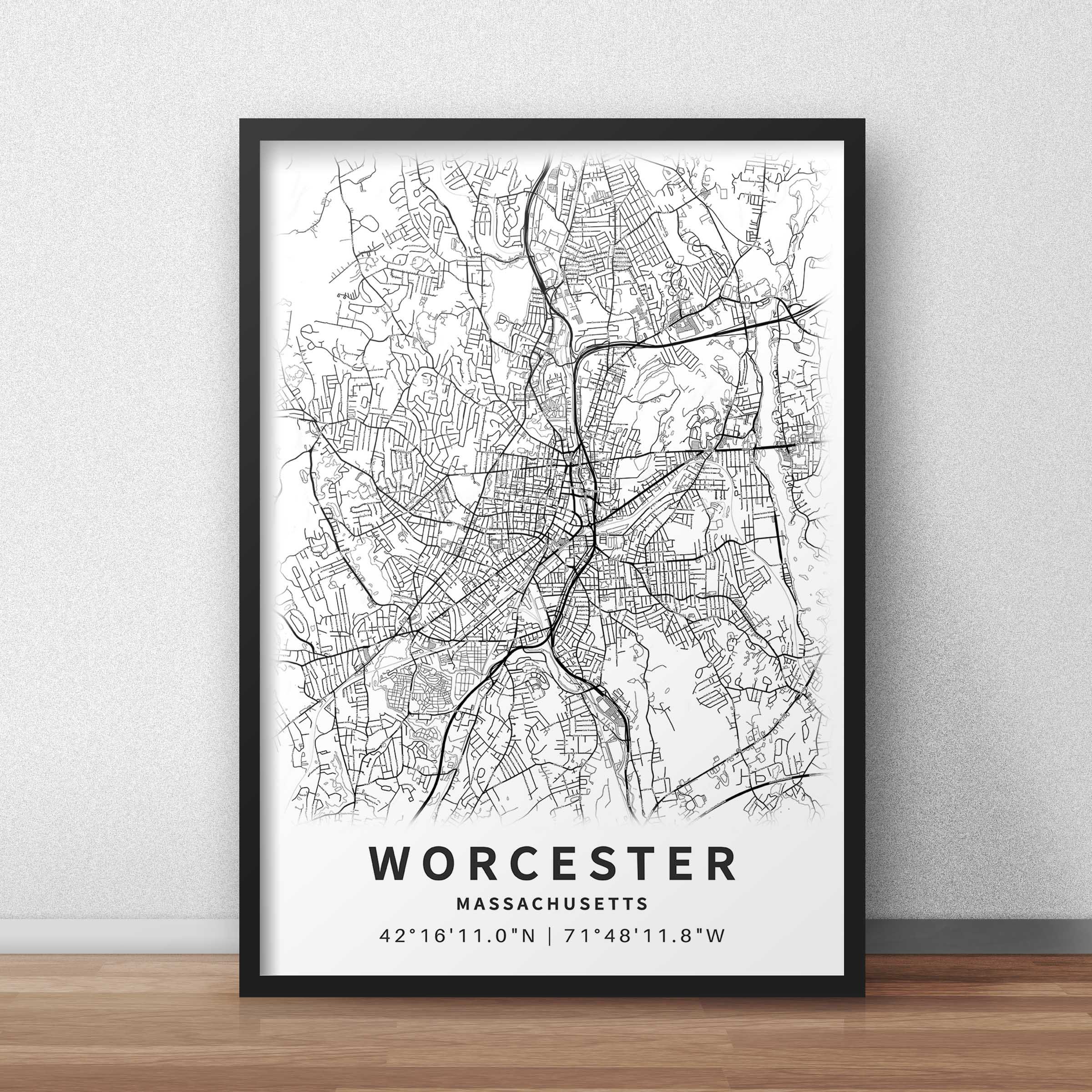 Printable Map of Worcester Massachusetts United States With | Etsy