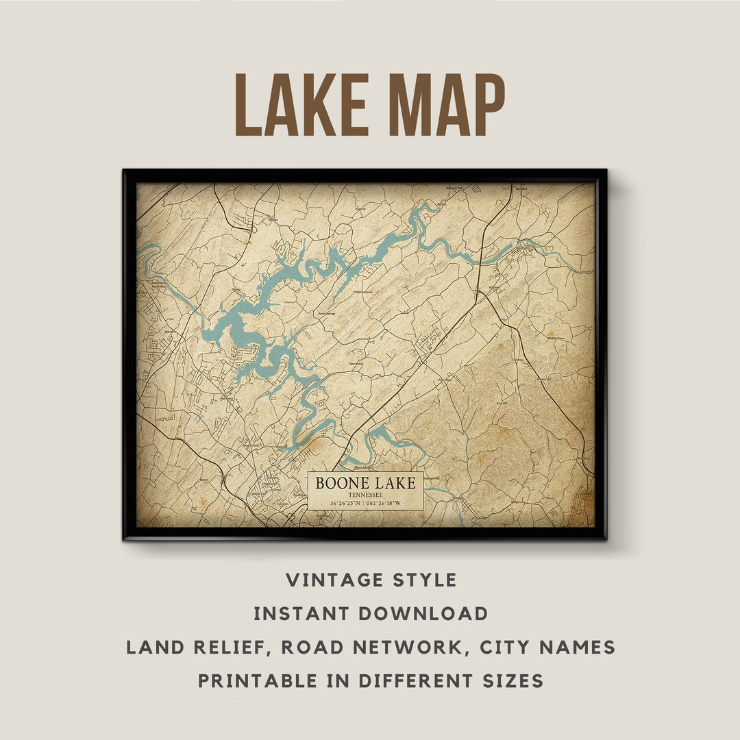 Printable Vintage Style Map of Boone Lake, Tennessee With City Names ...