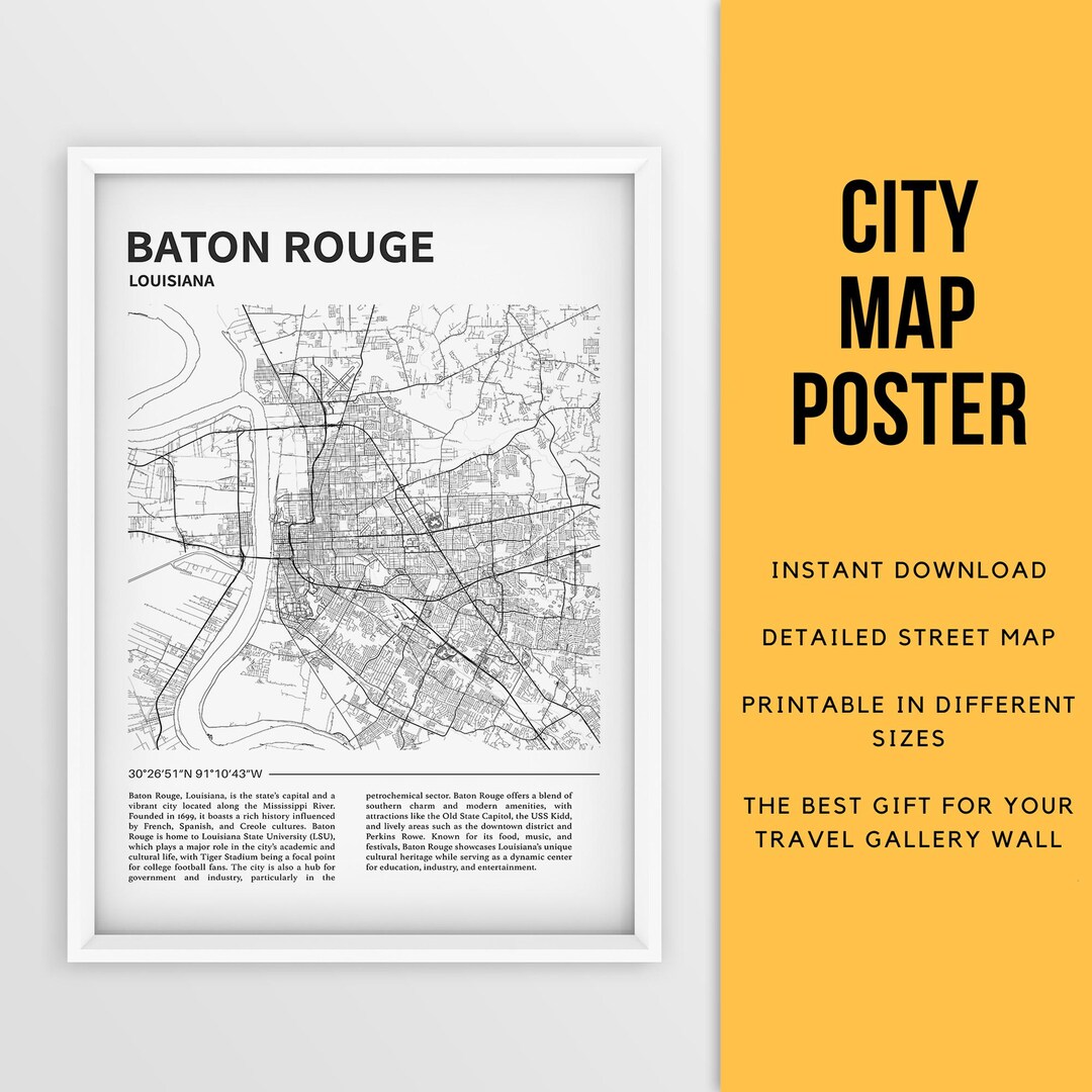 Baton Rouge, Louisiana, USA Printable Map Poster Instant Download ...