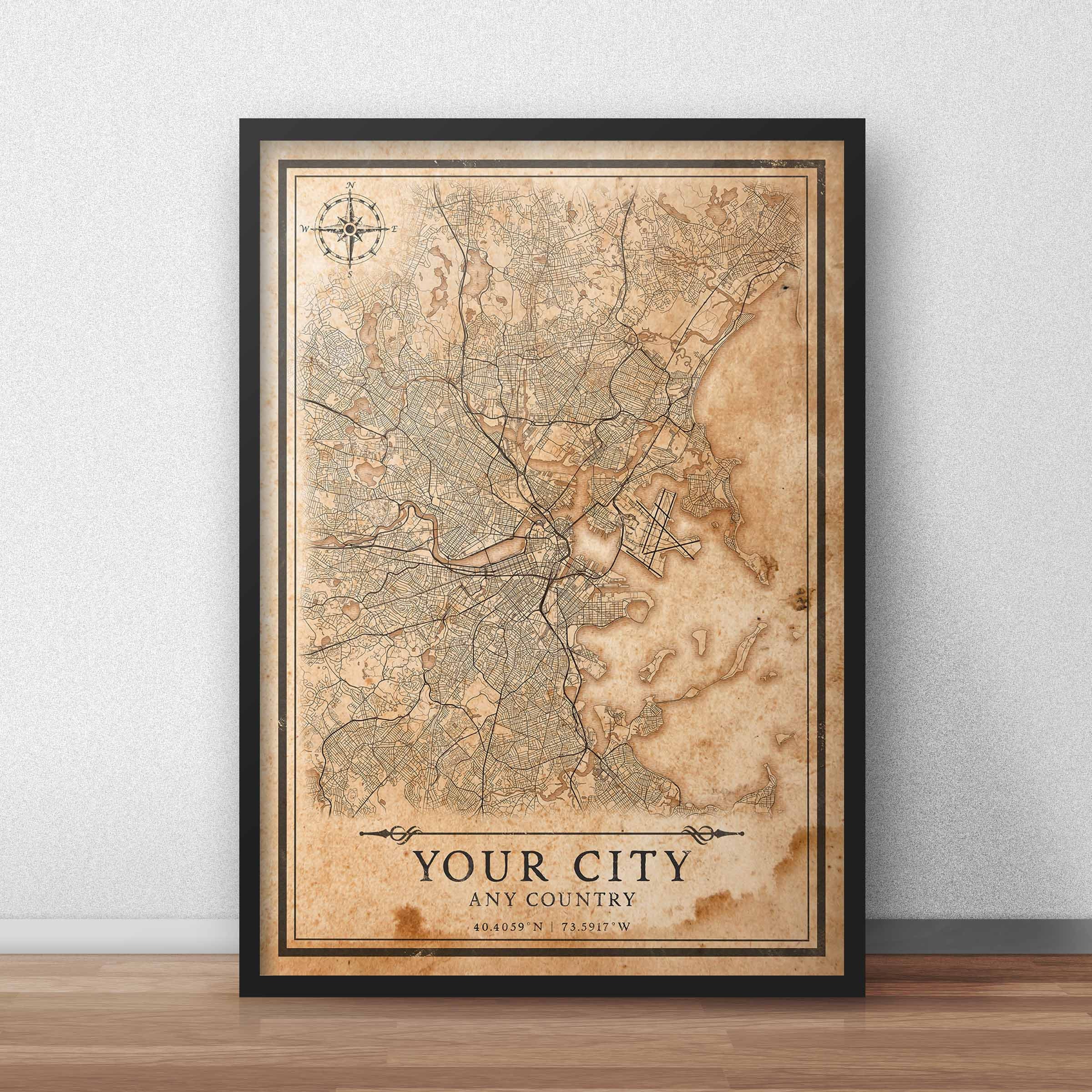 Custom Vintage Style Map of Your City, Any Town- Digital Download ...