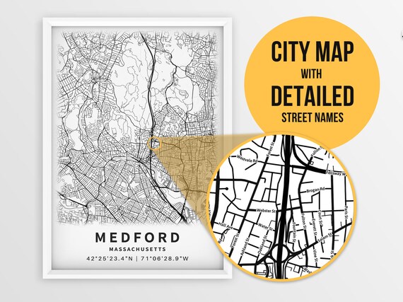 Printable Map of Medford Massachusetts MA United States With | Etsy