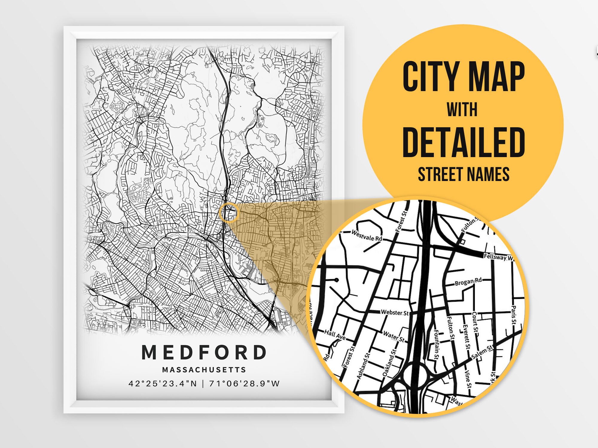 Printable Map of Medford Massachusetts MA United States With | Etsy