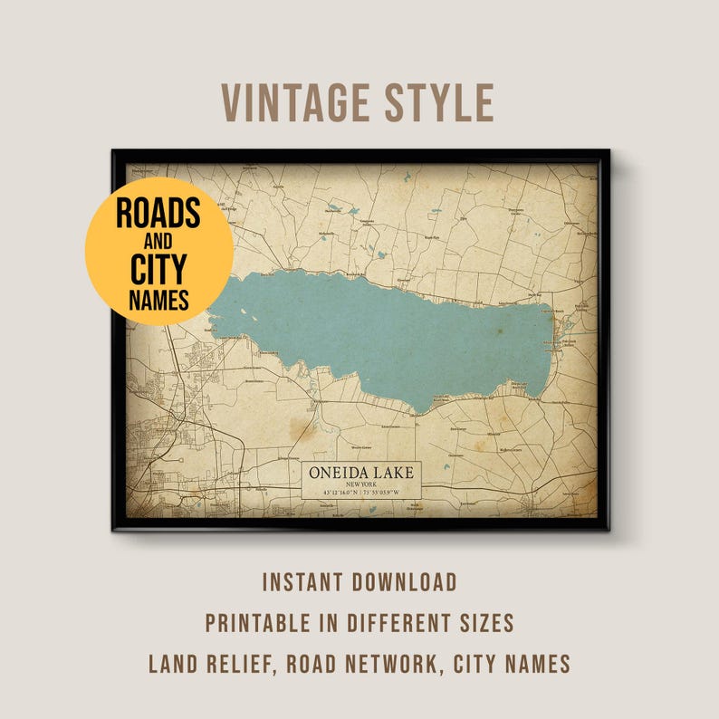 Oneida Lake Vintage Style Map, Printable New York Lake Poster (instant ...