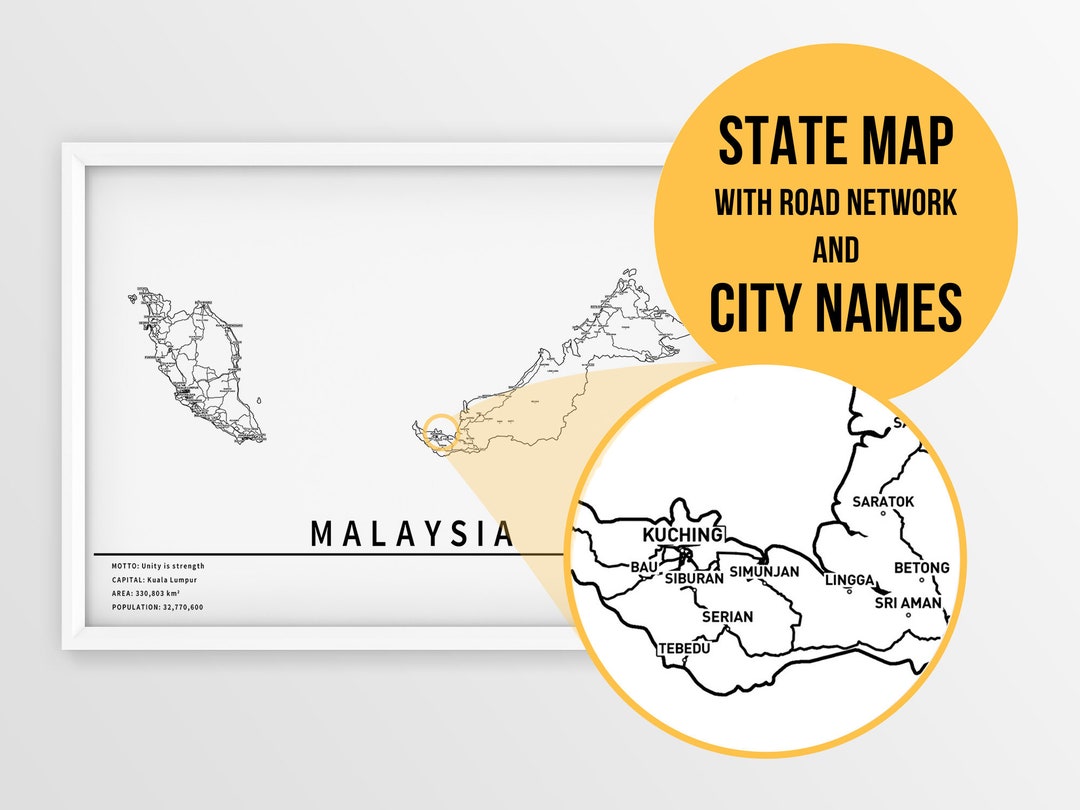 Printable Map of Malaysia With City Names Instant Download - Etsy