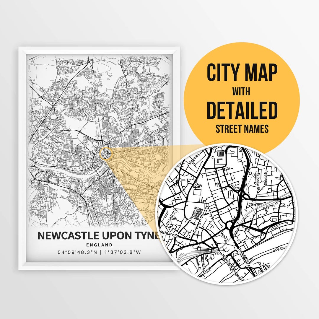Printable Map of Newcastle Upon Tyne, England, UK With Street Names ...