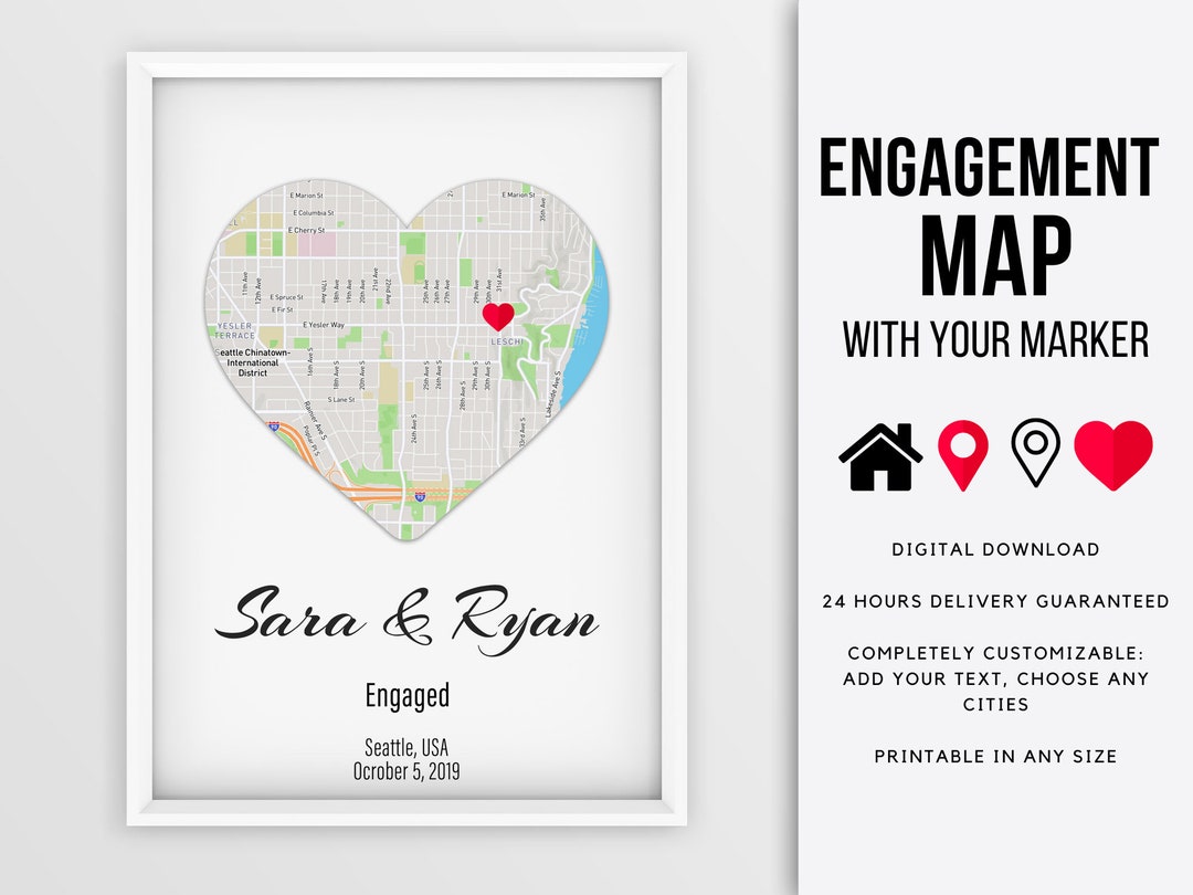 Personalized Engagement Map Print, Wedding Gift for Couple - Digital ...