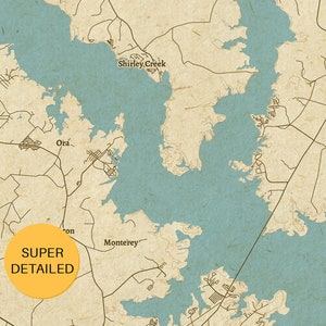 Vintage Style Map of Sam Rayburn Reservoir, Texas, USA With City Names ...