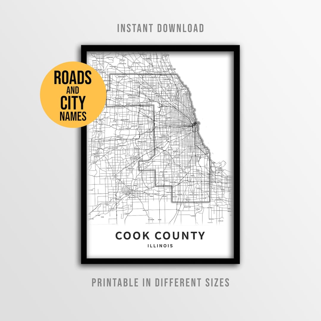 Cook County Map Poster, Printable Illinois Road Map With City Names ...