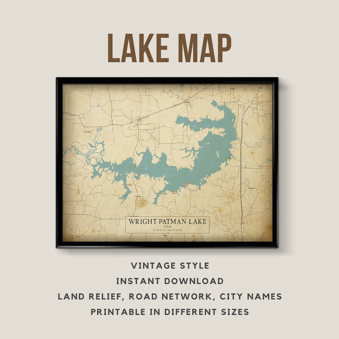 Printable Vintage Style Map of Wright Patman Lake, Texas, USA With City ...