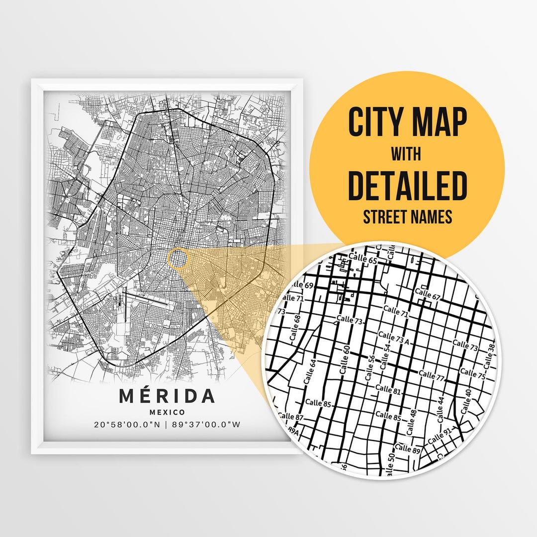Mapa imprimible de Mérida, Yucatán, México con nombres de calles ...