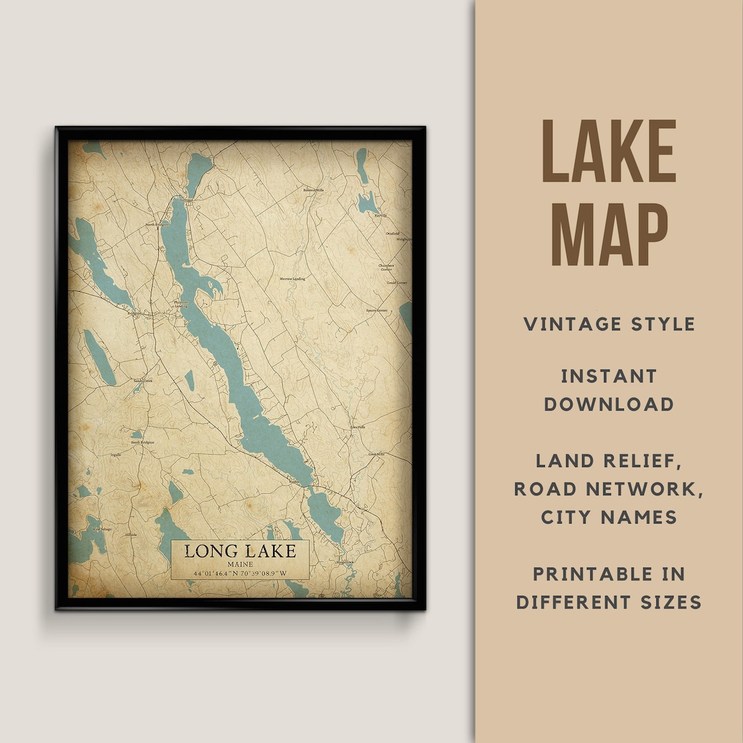 Vintage Style Map of Long Lake, Maine, USA With City Names - Instant Download \ Lake Map \ Wall ...